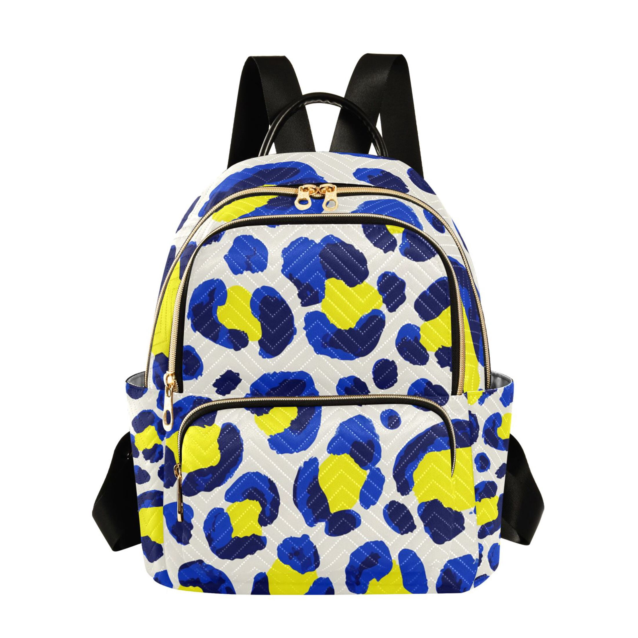 Blue Yellow Leopard Pattern Fashion Backpack Quilted Lightweight Women ...