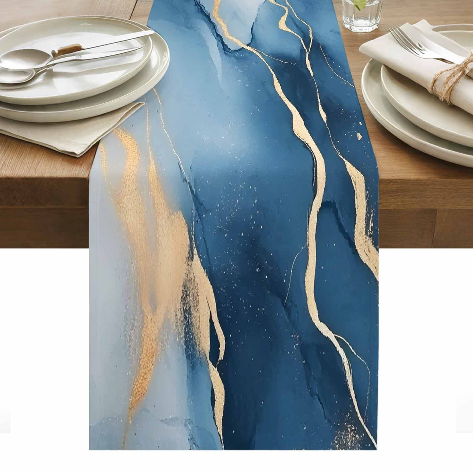 Blue Yellow Marble Table Runner - 120 Inch Long, Kitchen Dining Table ...