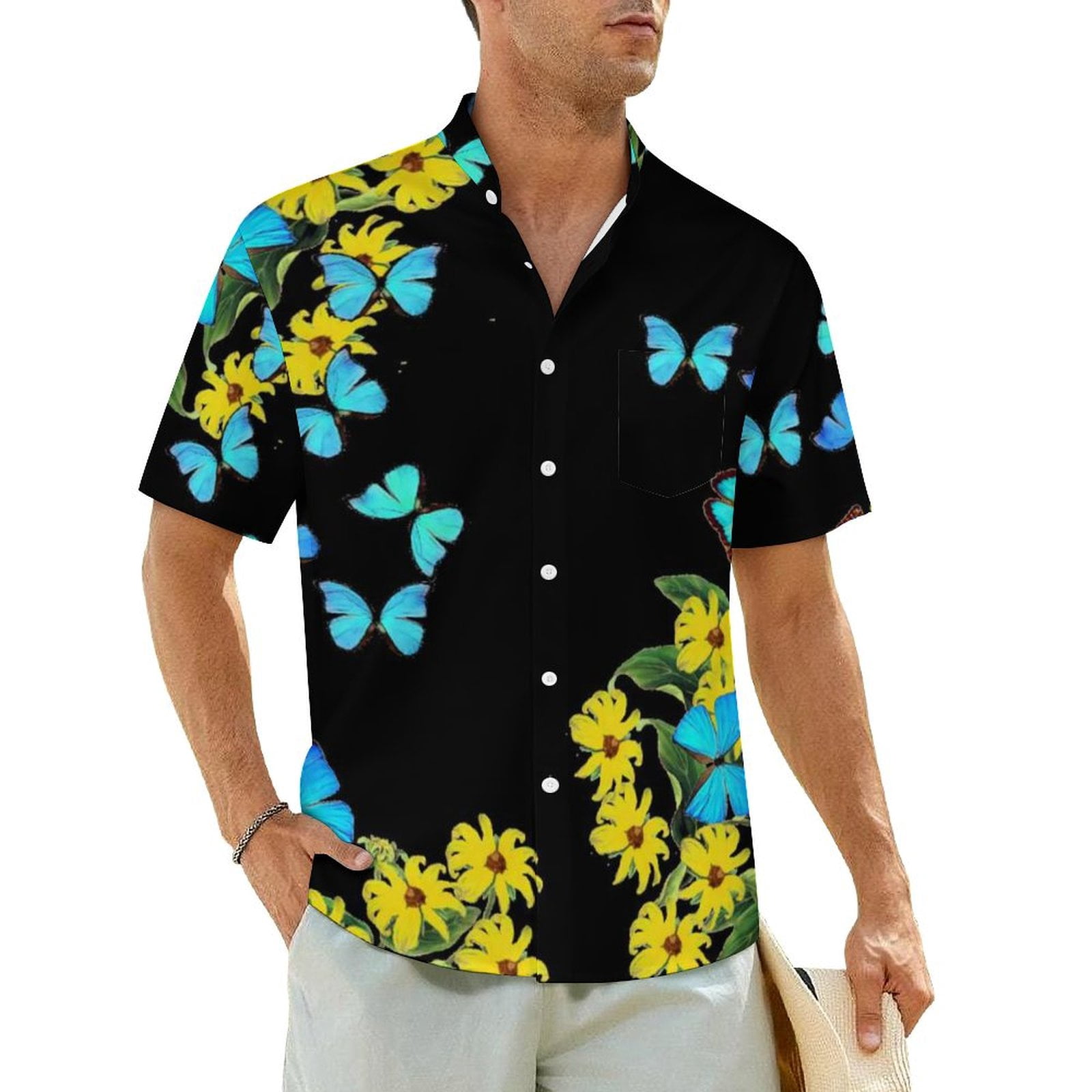 Blue Yellow Monarch Butterfly Beach Shirt Man Butterflies Art Animal Retro Casual Shirts H ...