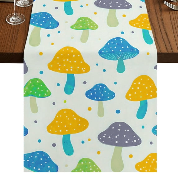 Blue Yellow Mushroom Burlap Cotton Table Runner 13x72 Inches Long, Fall ...