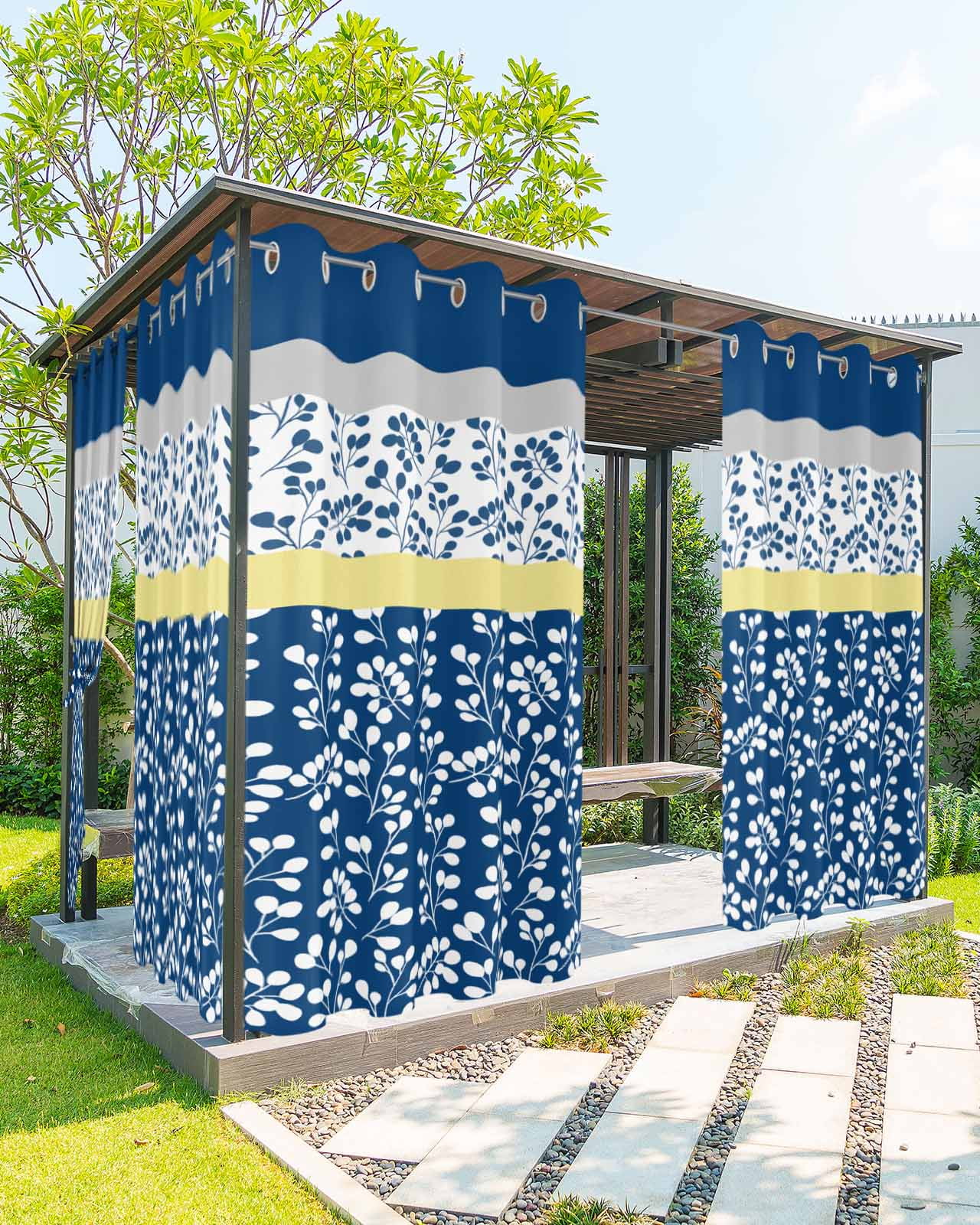 Blue Yellow Outdoor Curtains for Patio, Botanical Floral Motifs ...