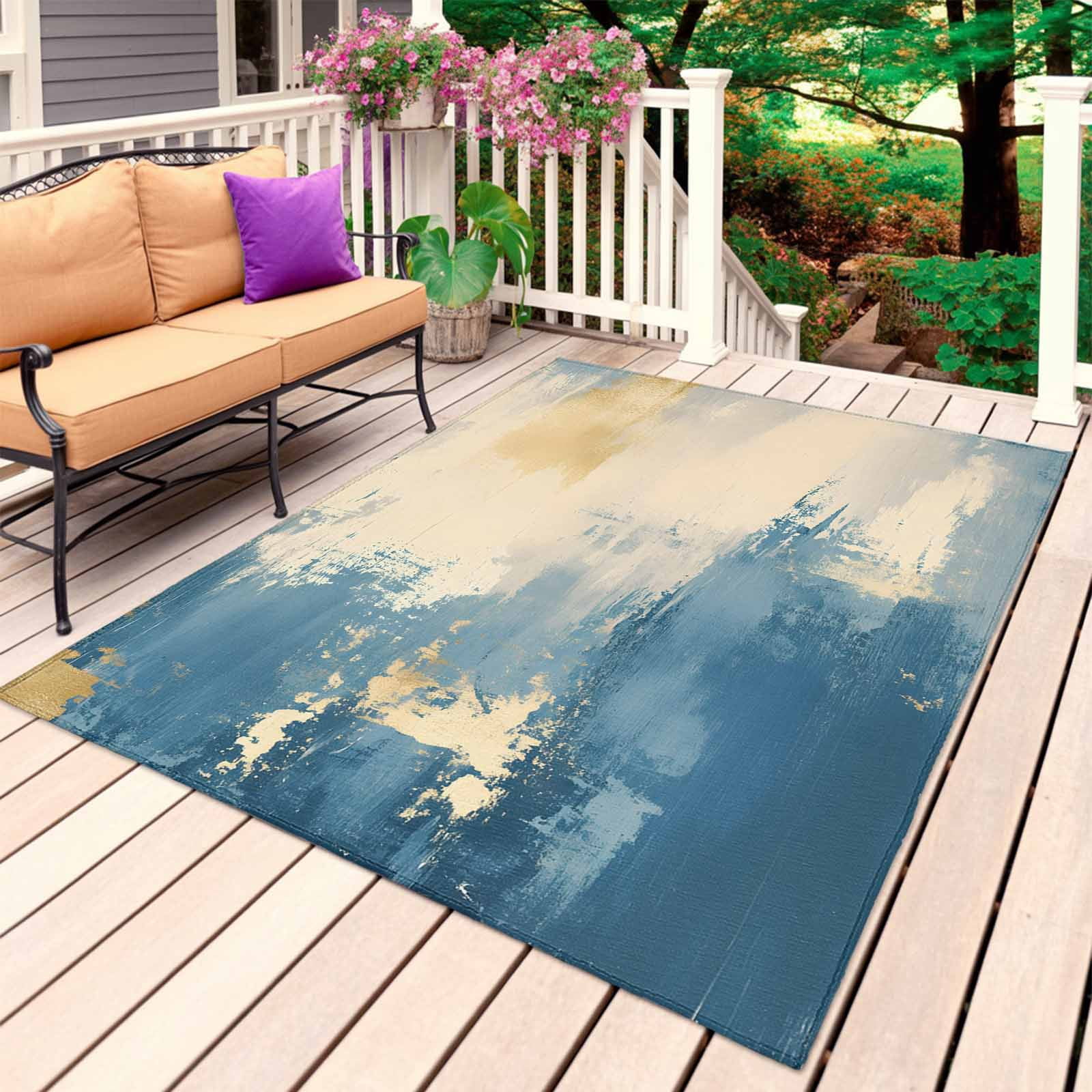 Blue Yellow Outdoor Rug for Patio/Deck/Porch, Non-Slip Large Area Rug 6 ...