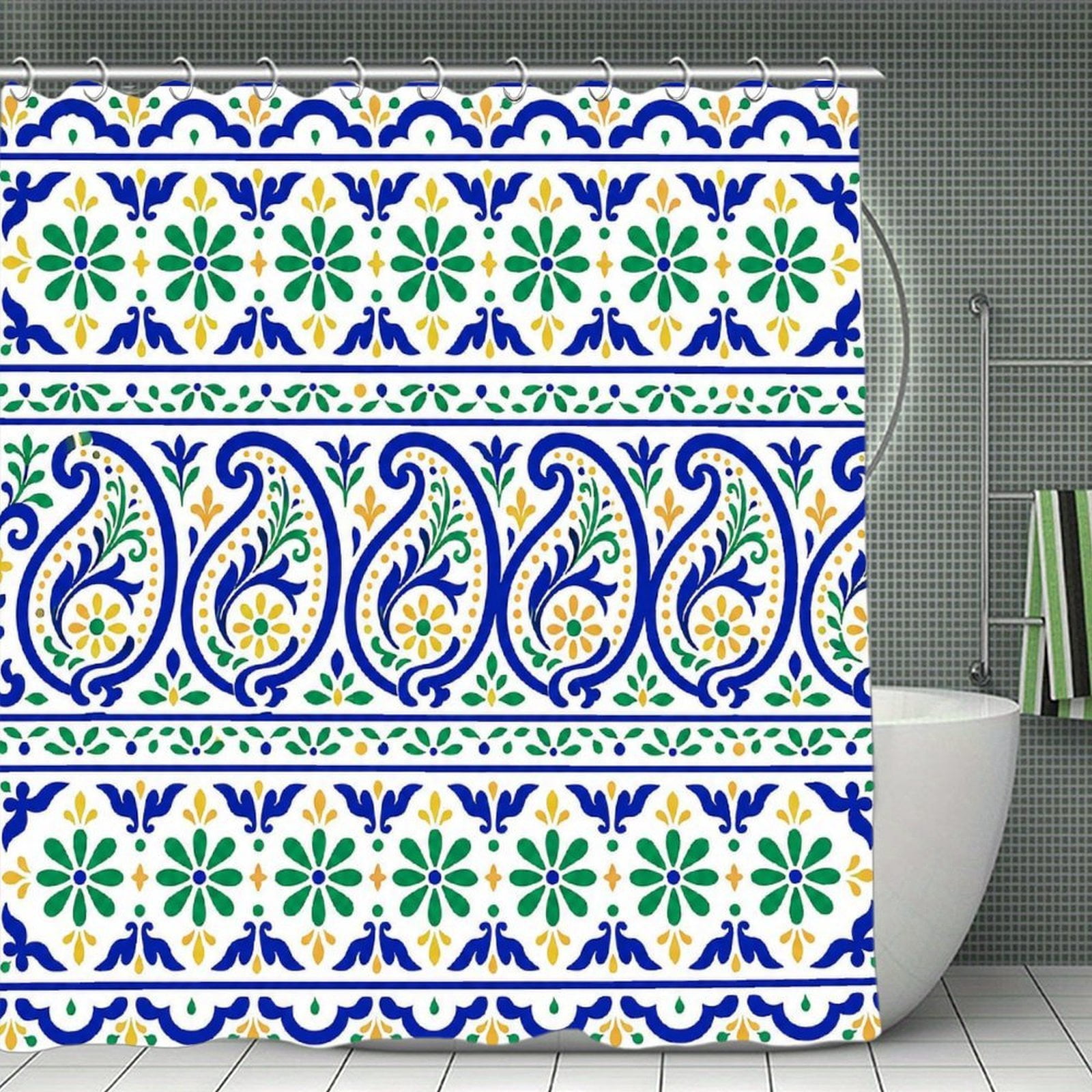 Blue Yellow Paisley Border Pattern Print Shower Curtain,Cloth Fabric ...