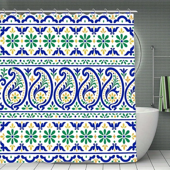 Blue Yellow Paisley Border Pattern Print Shower Curtain,Cloth Fabric ...