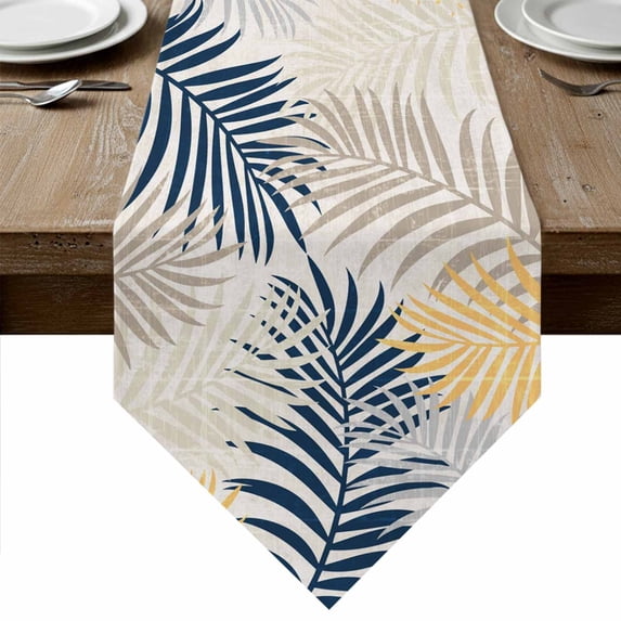 Blue Yellow Palm Leaves Table Runner Linen Burlap Table Runner 48 ...