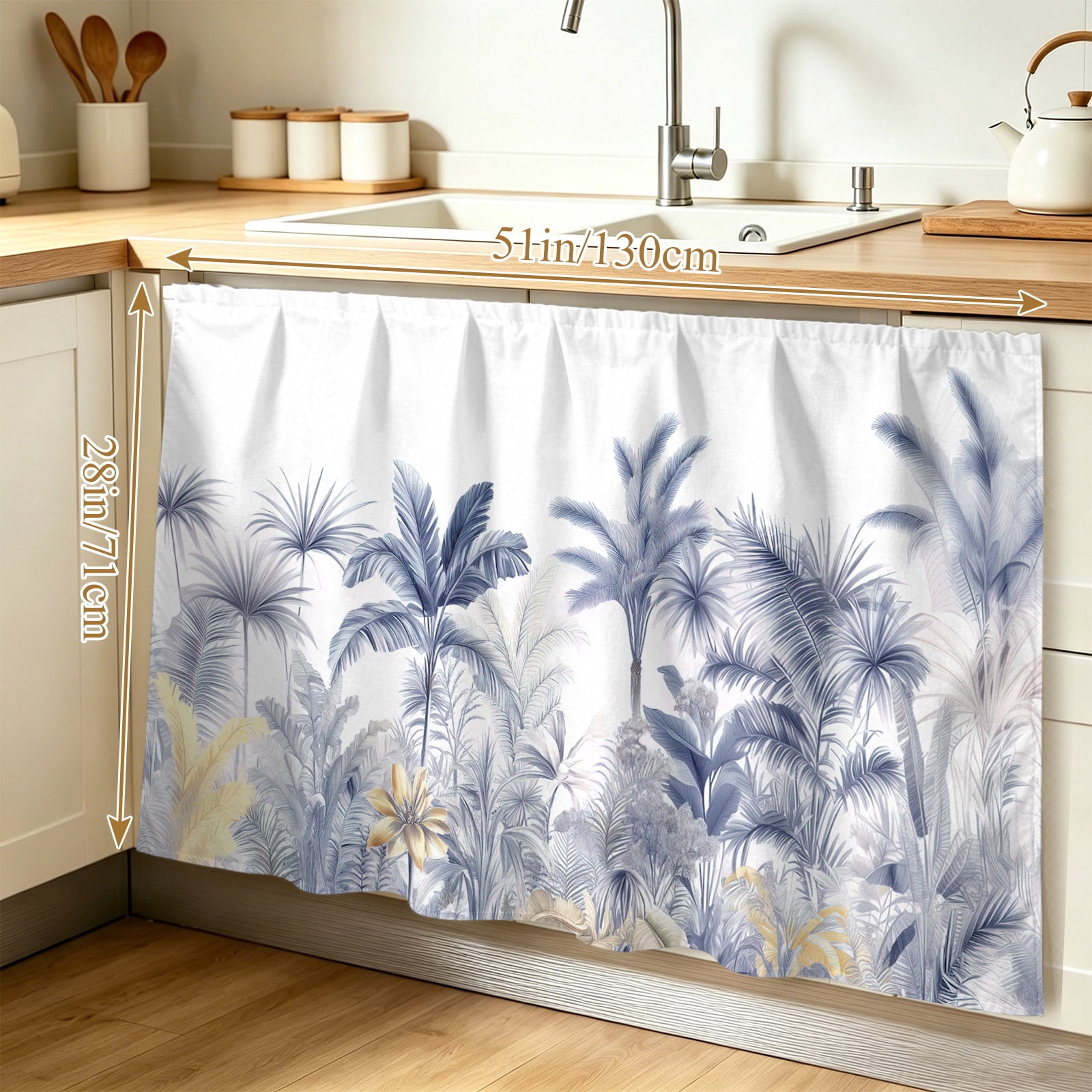 Blue Yellow Palm Tree Cabinet Curtain 28"W x 51"L, Summer Botanical ...