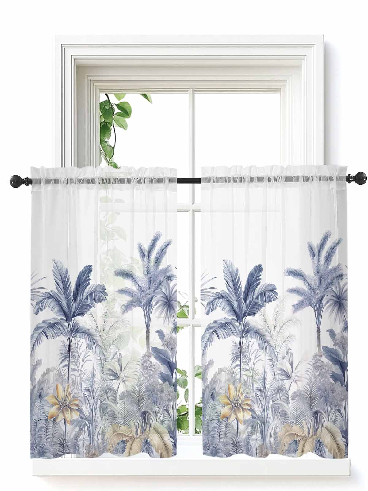 Blue Yellow Palm Tree Curtains 45 Inch Length, Sheer Curtains for ...