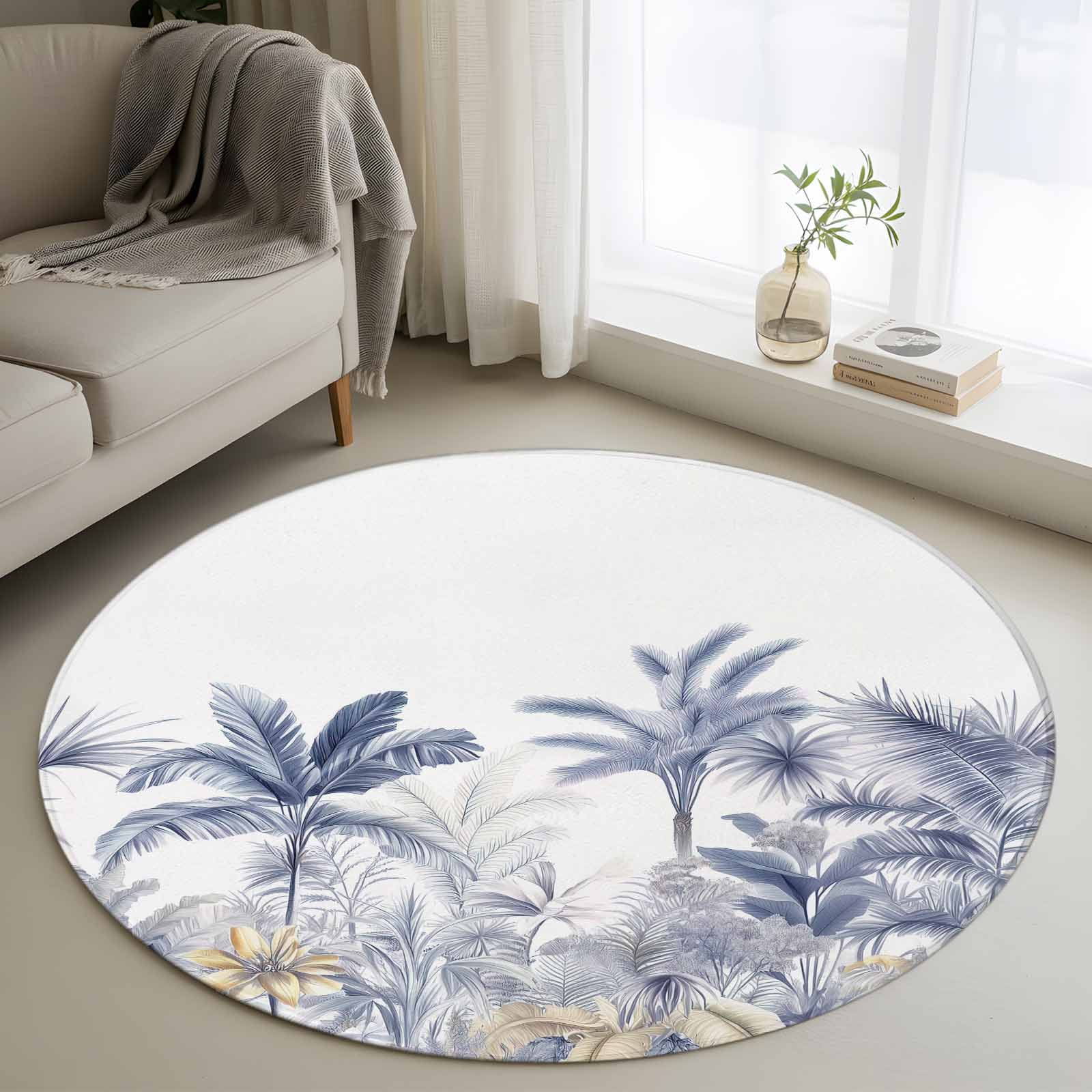 Blue Yellow Palm Tree Round Area Rug 4 FT, Non Slip Indoor Outdoor Rug ...