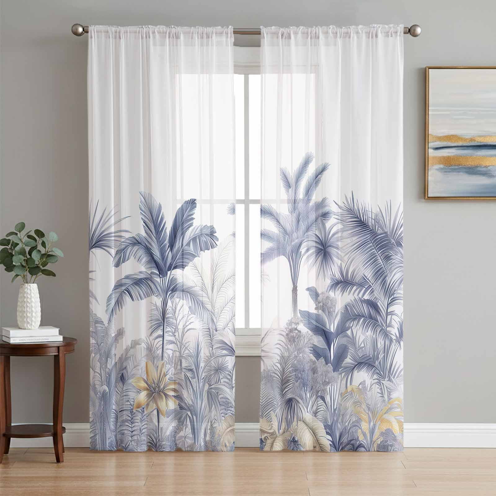 Blue Yellow Palm Tree Semi Sheer Curtains 72 Inch Length 2 Panels Set ...