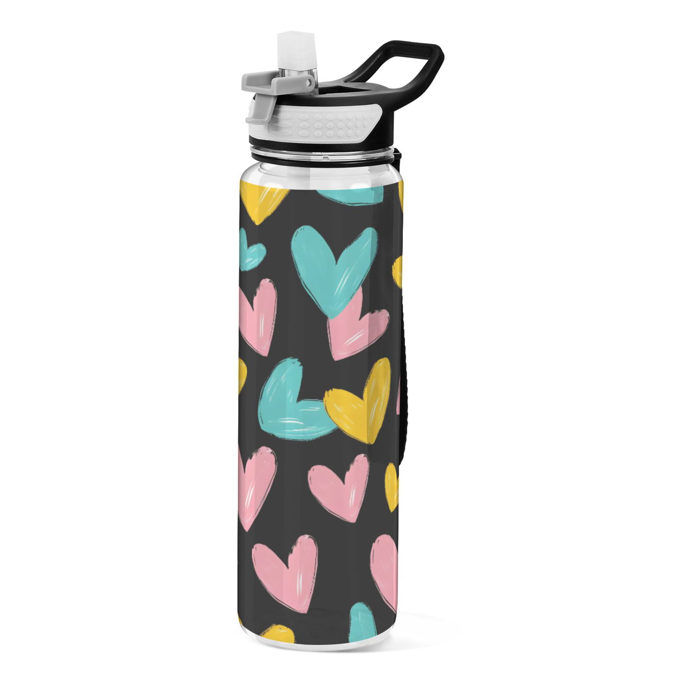 Blue Yellow Pink Hearts Sport Water Bottle Tritan with Straw 1000ml ...