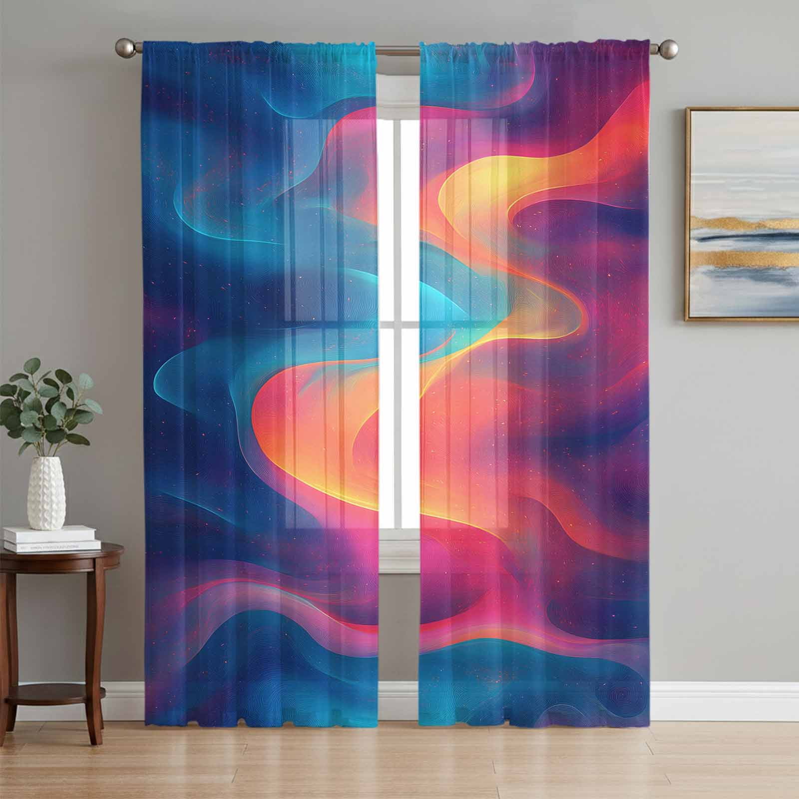 Blue Yellow Pink Sheer Curtains 84 Inch Length 2 Panels Set, Modern ...