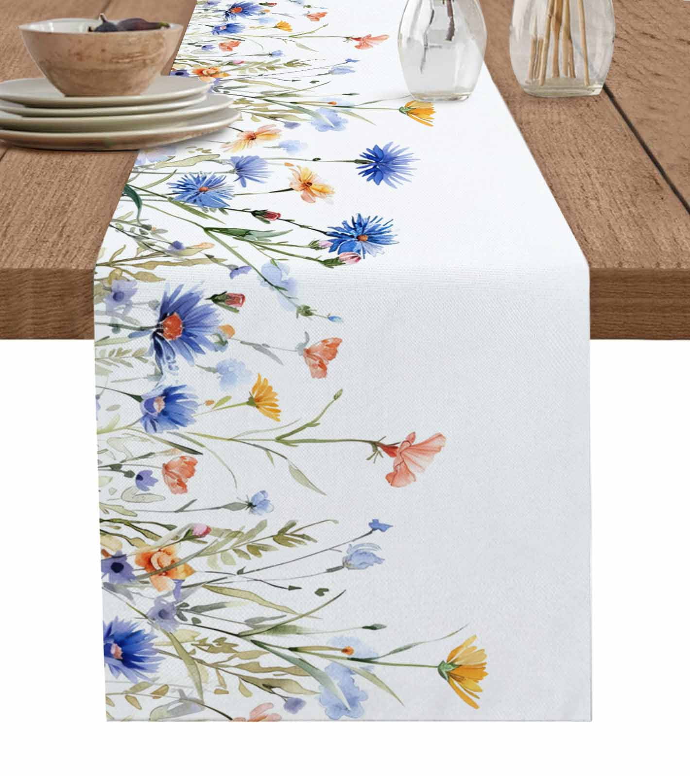 Blue Yellow Pink Spring Floral Burlap-Cotton Table Runner 120 Inches ...