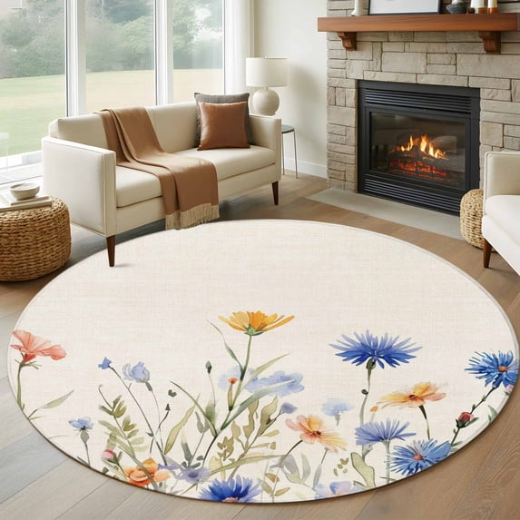 Blue Yellow Pink Spring Floral Round Area Rug 6 FT,Non Slip Bedroom ...