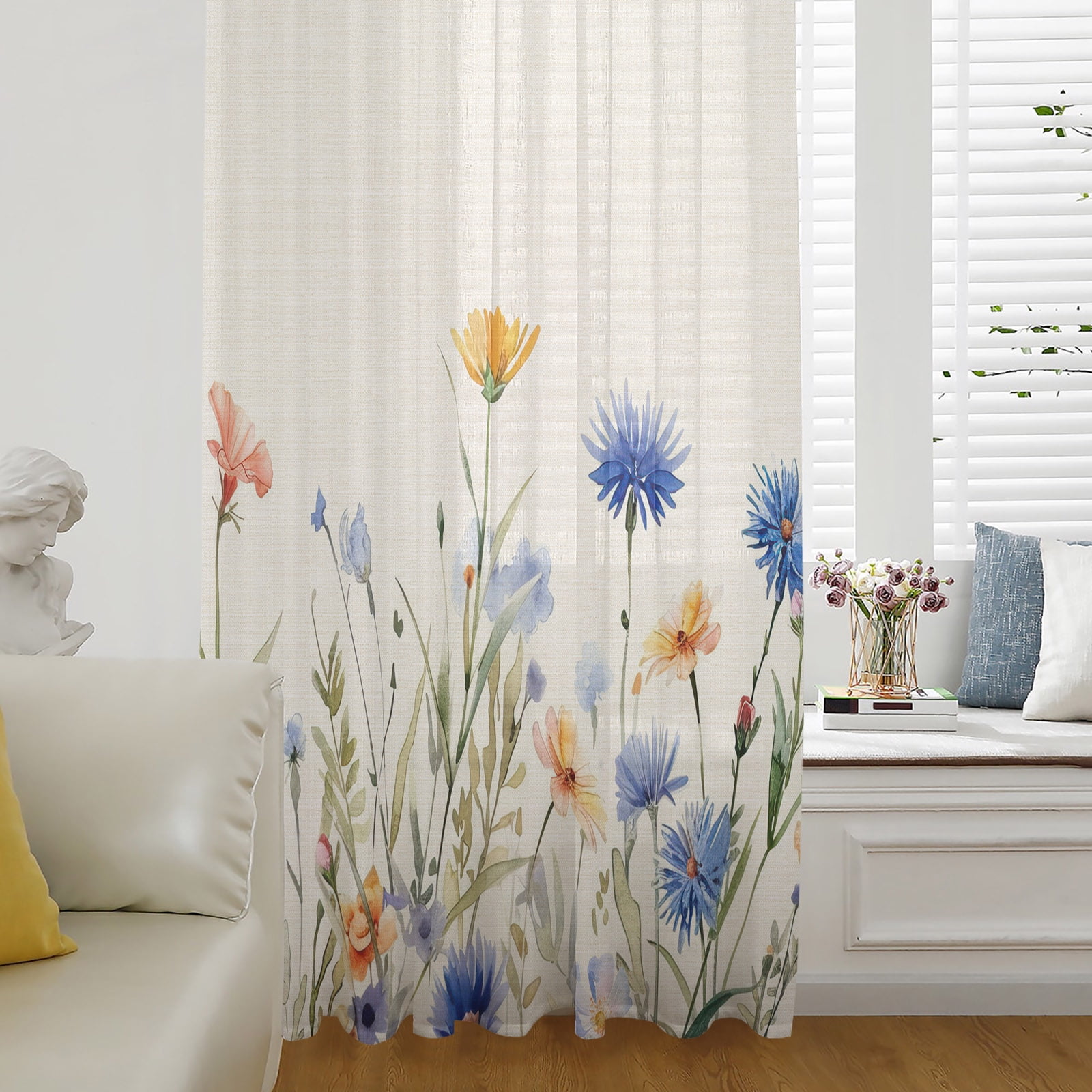 Blue Yellow Pink Spring Floral Sheer Curtains 63 Inch Length,Light ...