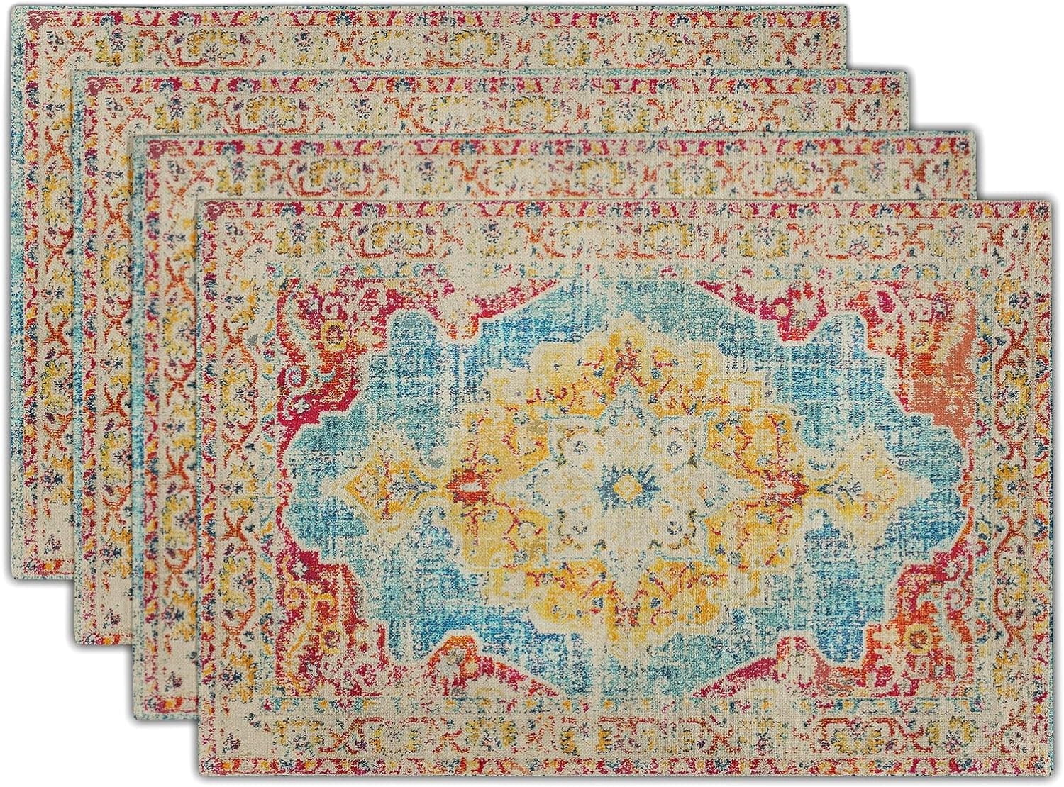 Blue Yellow Placemats Set of 4 12x18 Inch Carpet Pattern Boho Vintage ...