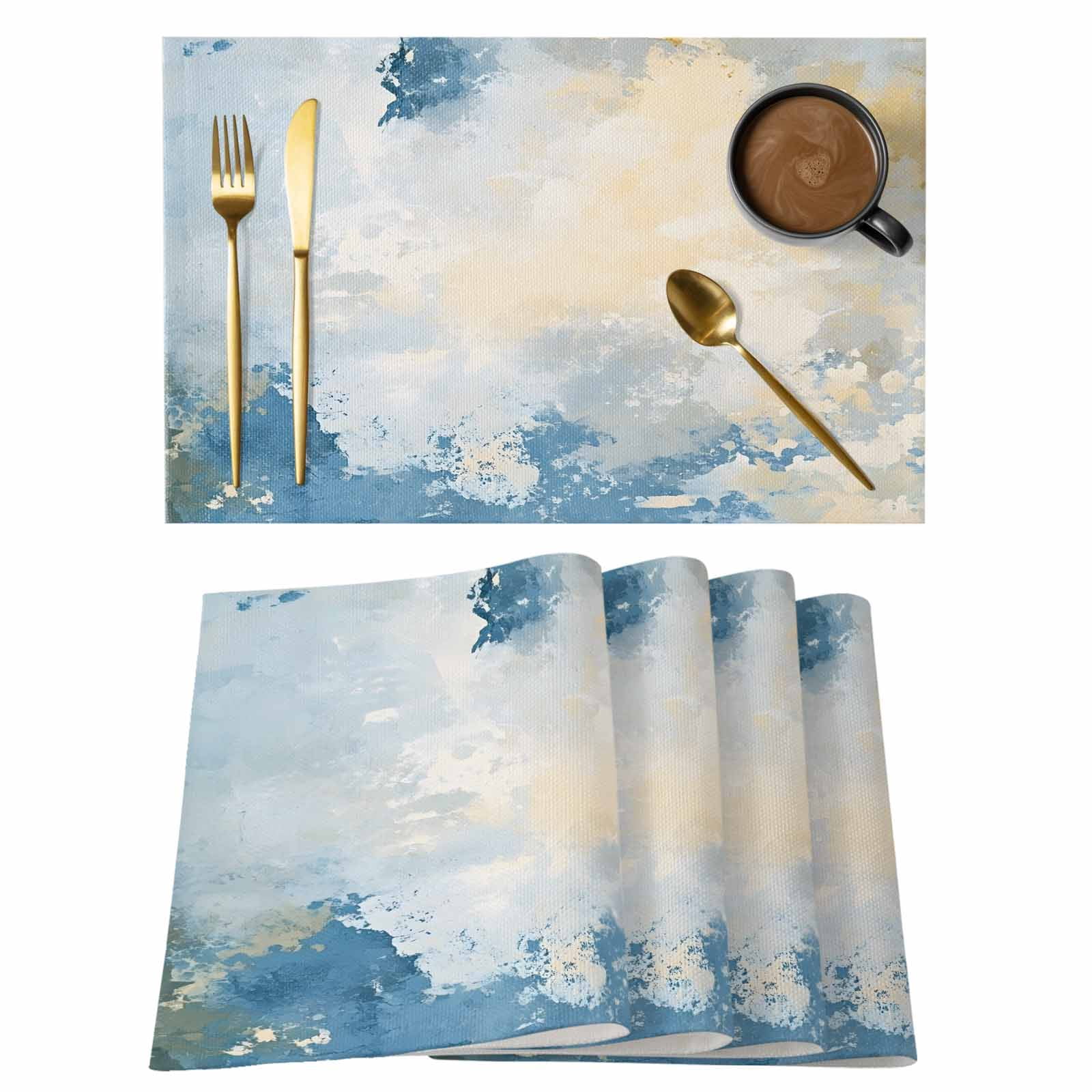 Blue Yellow Placemats Set of 8, Cotton Linen Fabric Place Mats, Modern ...