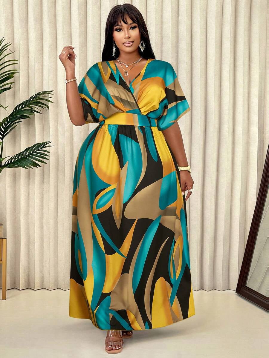 Blue Yellow Plus Size Women V-Neck Wrap Maxi Dress With Abstract Leaf ...