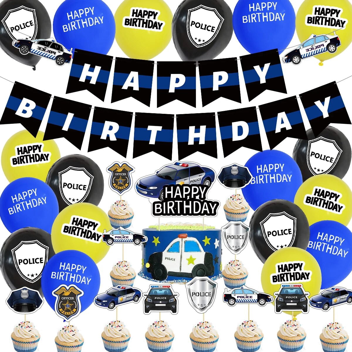 Blue Yellow Police Theme Latex Balloon Set Happy Birthday Letter Banner ...