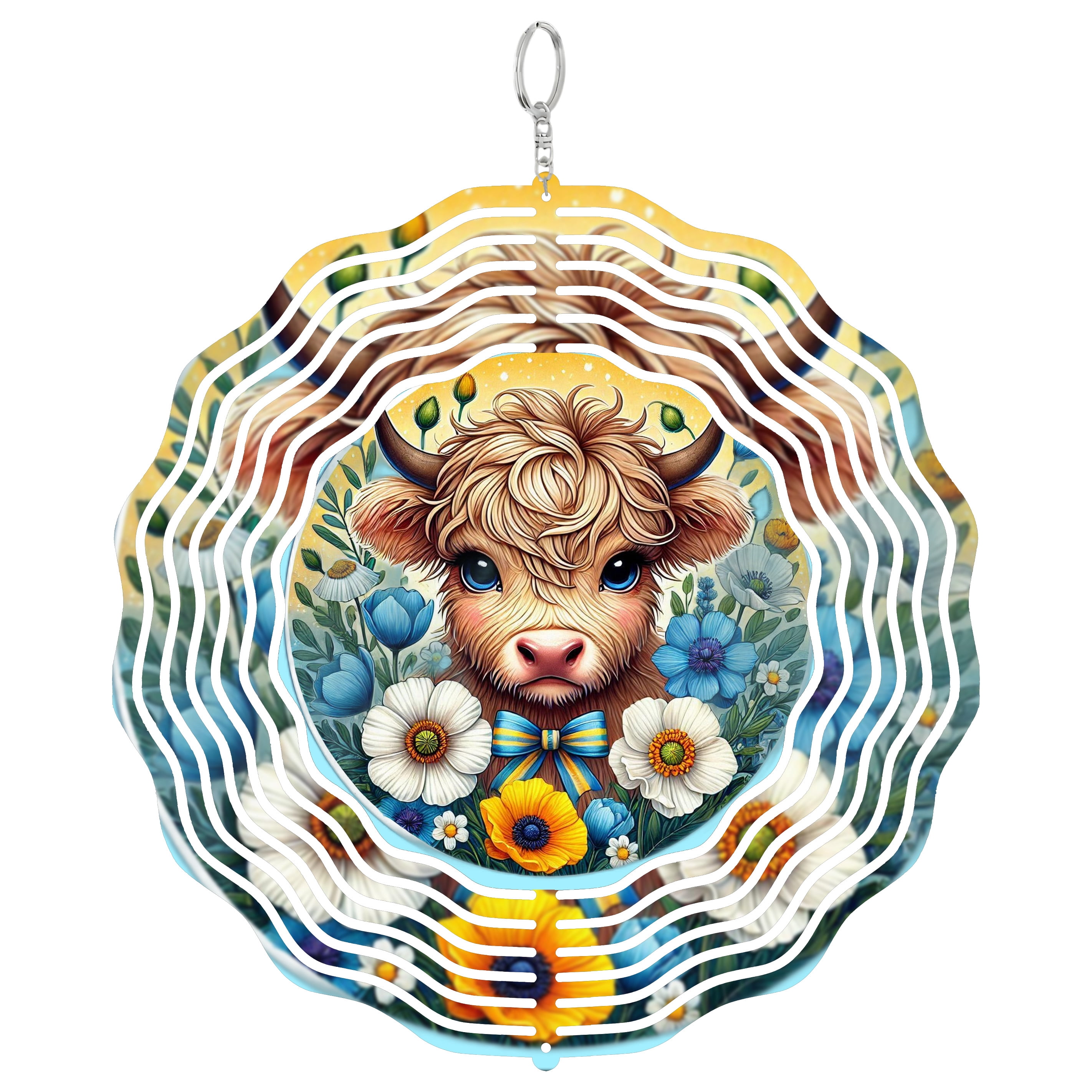 Blue Yellow Poppy Highland Cow 3D Wind Spinner Stainless Steel Kinetic ...
