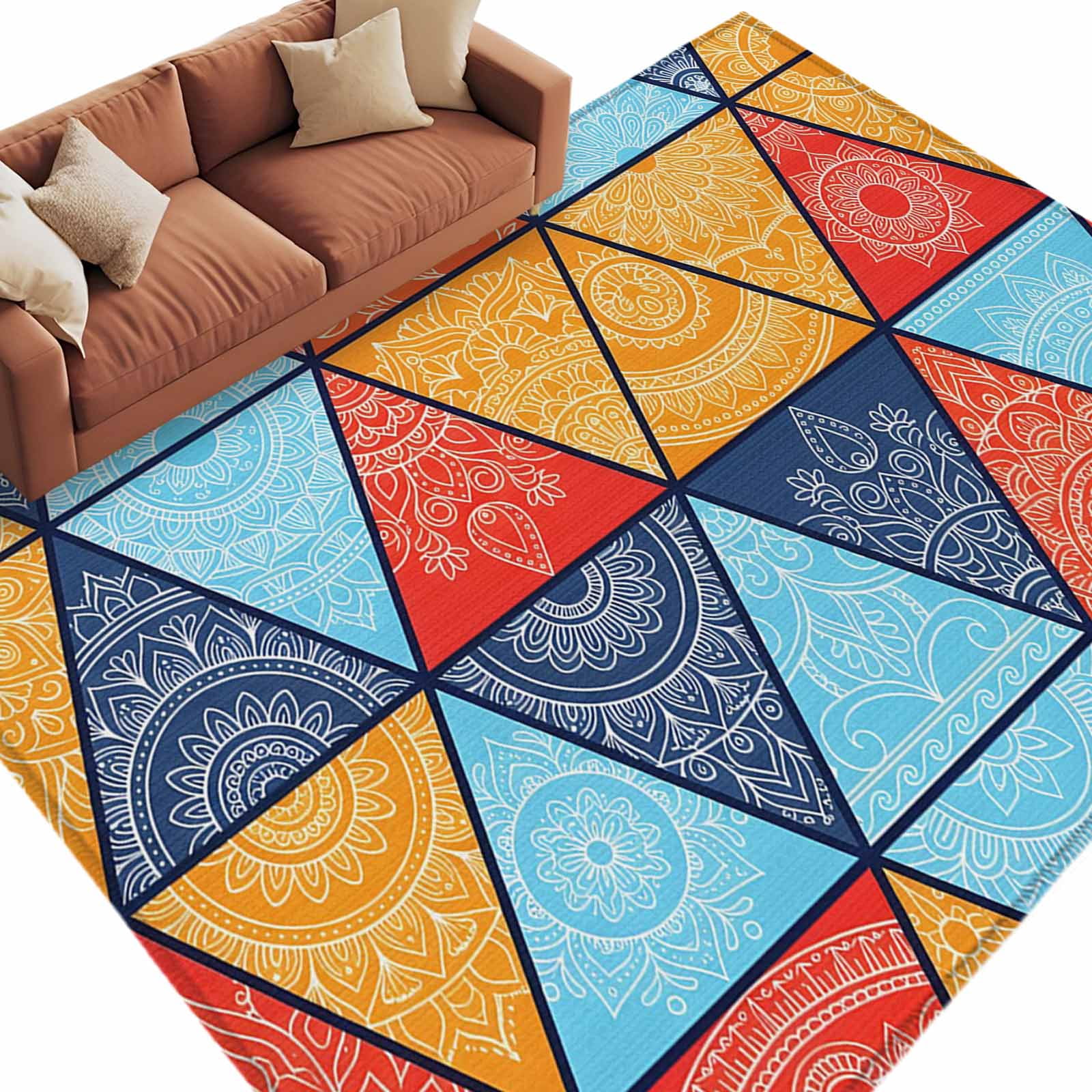 Blue Yellow Red Boho Area Rug 8x10 Washable Rug Non Slip Vintage Ethnic ...