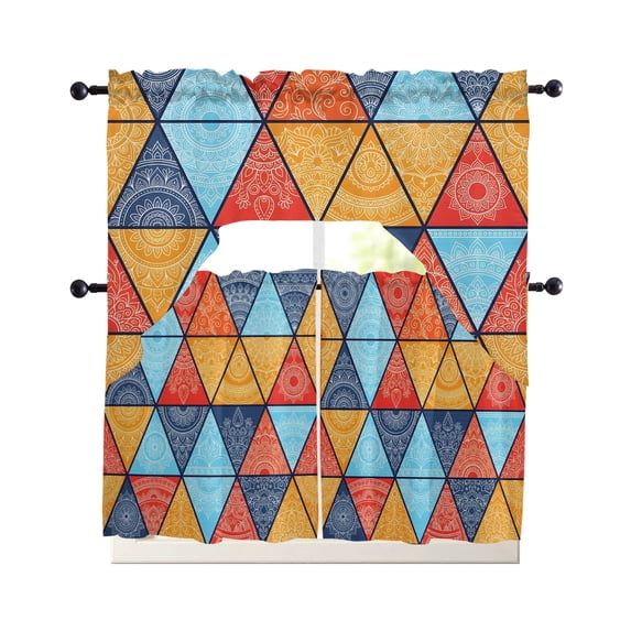Blue Yellow Red Boho Kitchen Curtains Set for Windows 3 Piece Cafe ...
