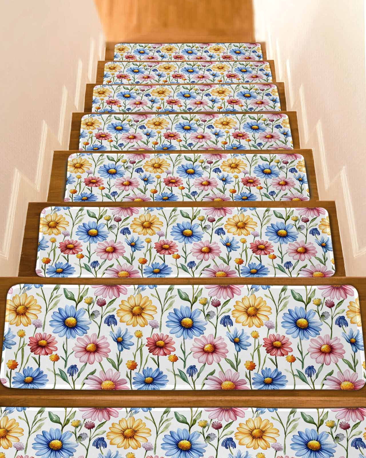 Blue Yellow Red Floral Spring Stair Treads for Wooden Steps Indoor ...
