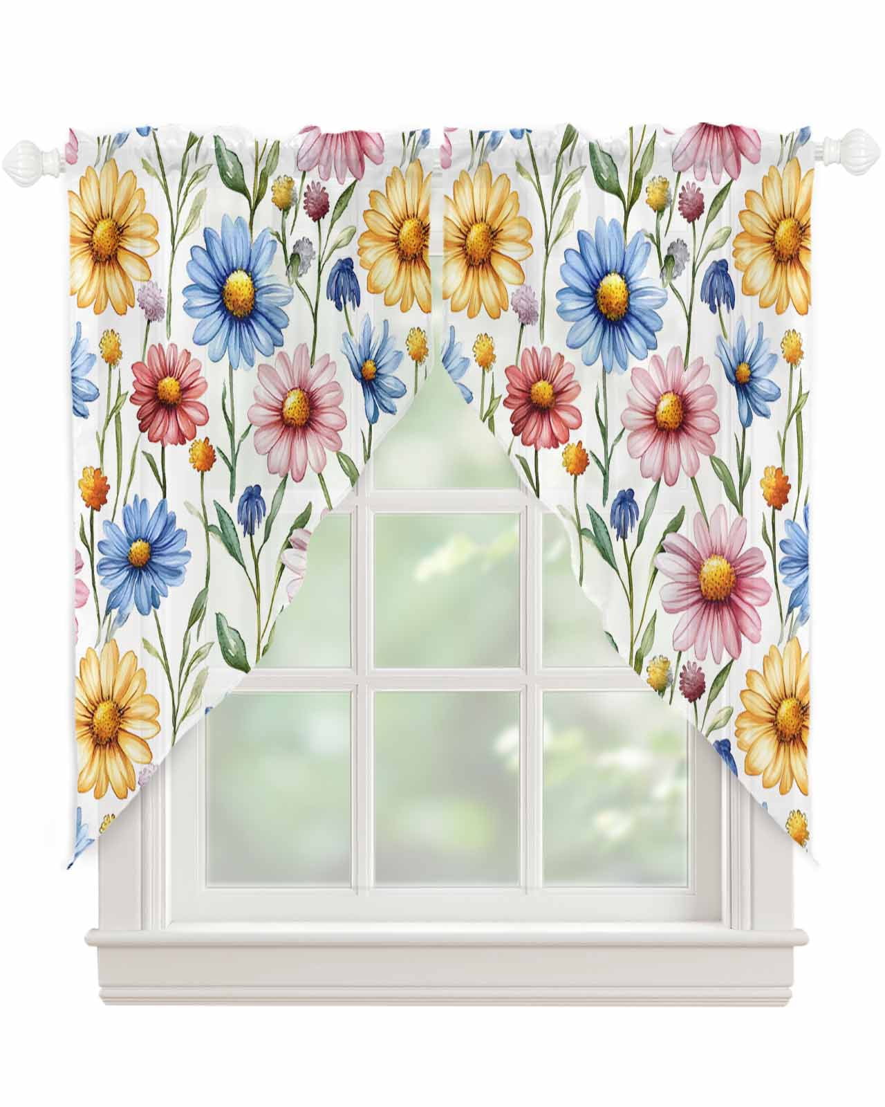 Blue Yellow Red Floral Spring Swag Valances for Windows, Watercolor ...