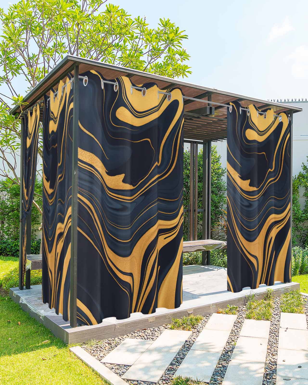 Blue Yellow Ripple Outdoor Curtains for Patio, Fluid Modern Abstract ...