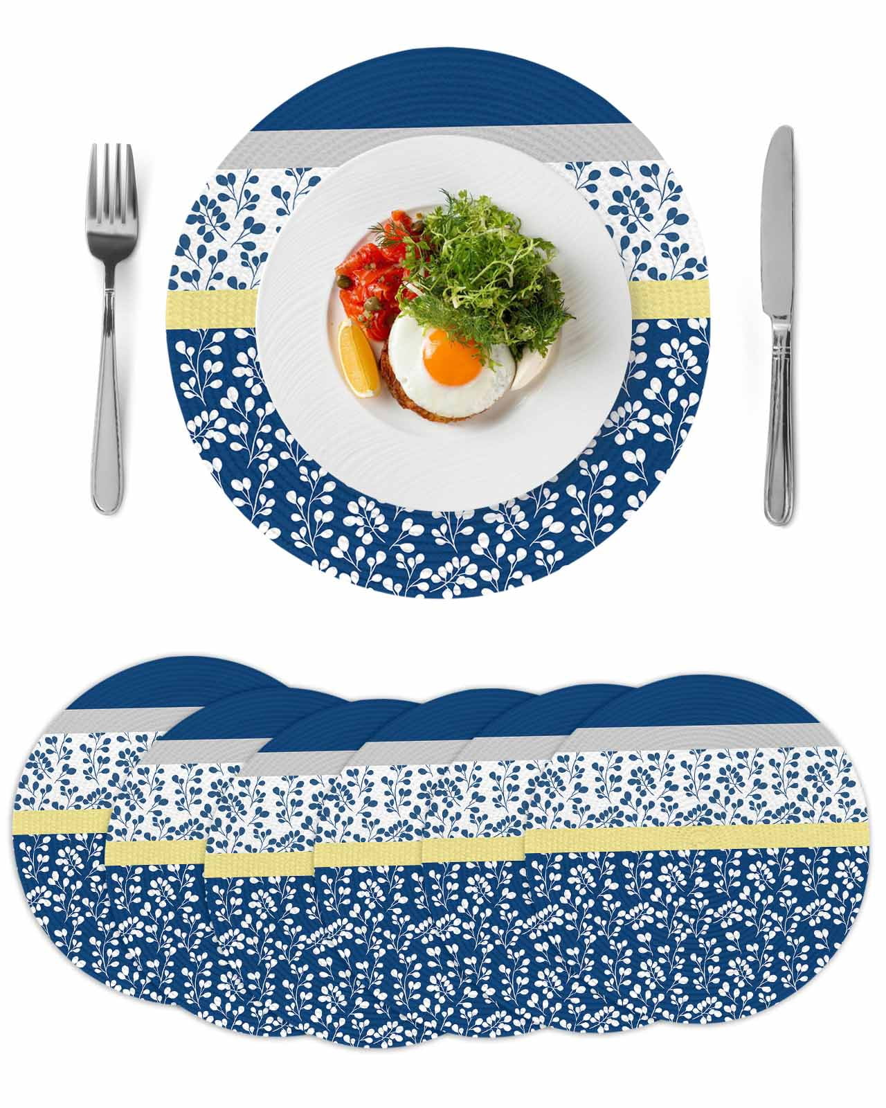 Blue Yellow Round 13 Inch Placemats Set of 6, Botanical Floral Motifs ...