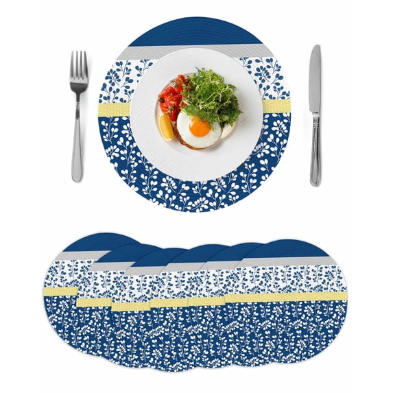 Blue Yellow Round 13 Inch Placemats Set of 6, Botanical Floral Motifs ...