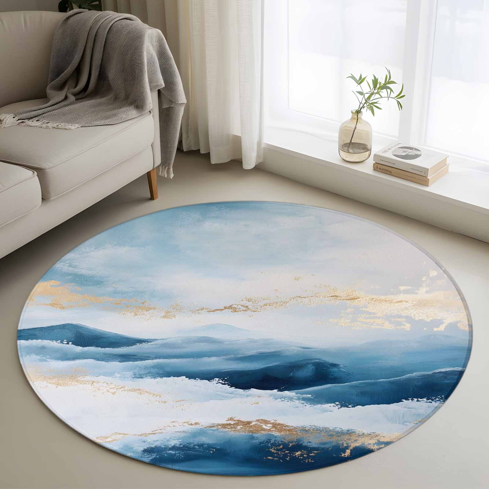 Blue Yellow Round Area Rug 3 FT, Small Kitchen Bathroom Mats, Modern ...