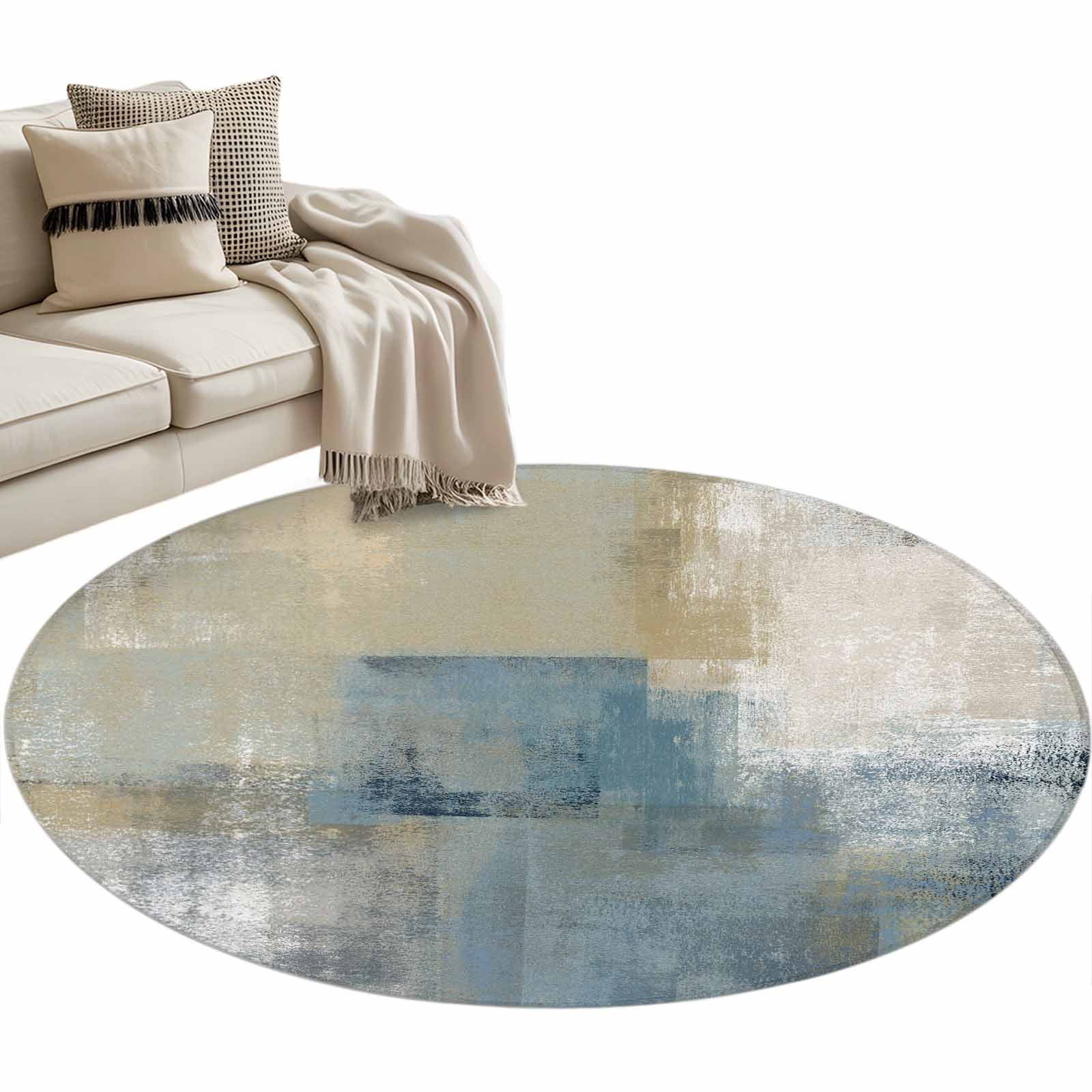 Blue Yellow Round Area Rug 4ft Abstract Mottled Modern Art Texture Non ...