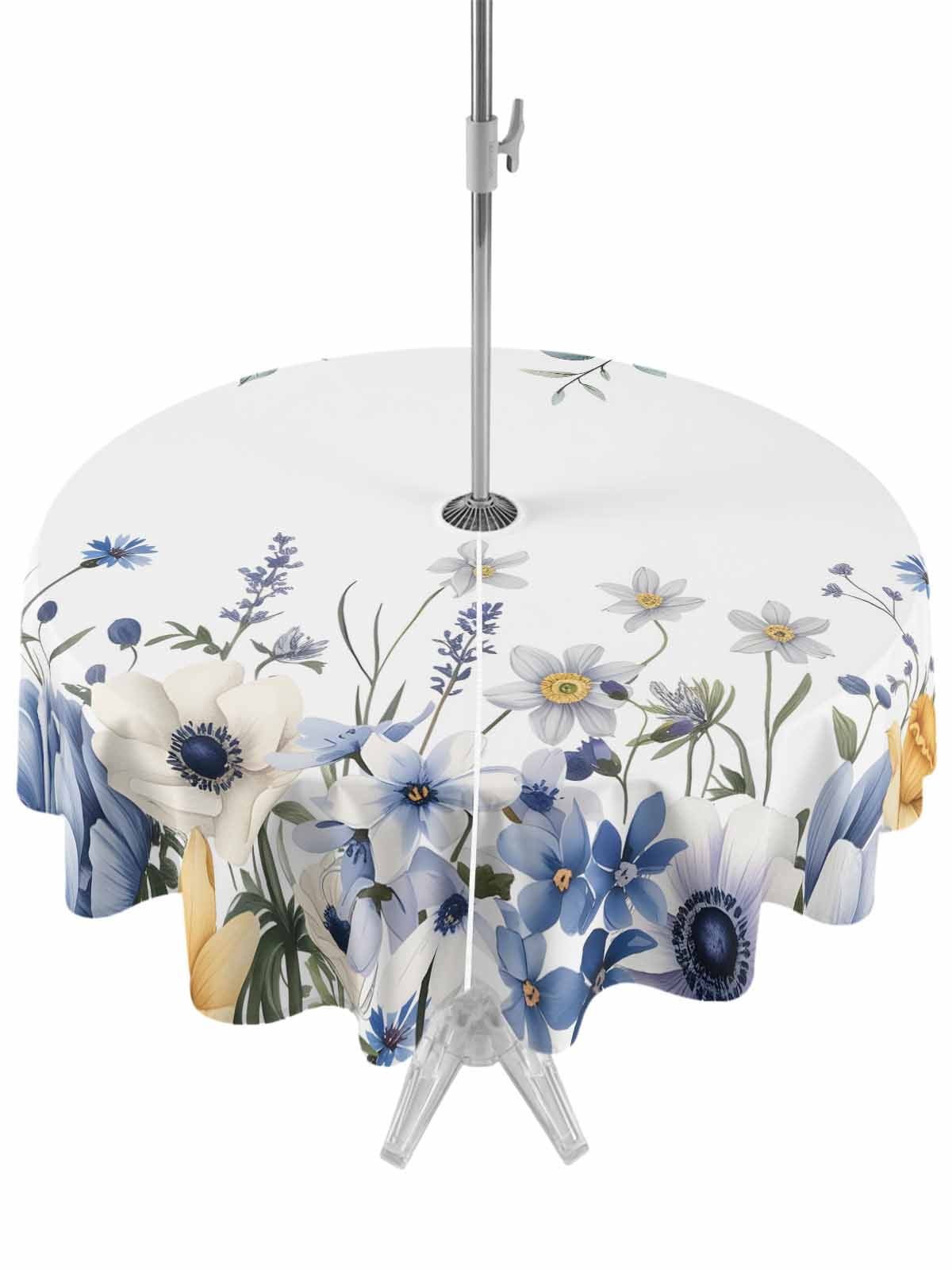 Blue Yellow Round Outdoor Tablecloth with Umbrella Hole Flowers ...