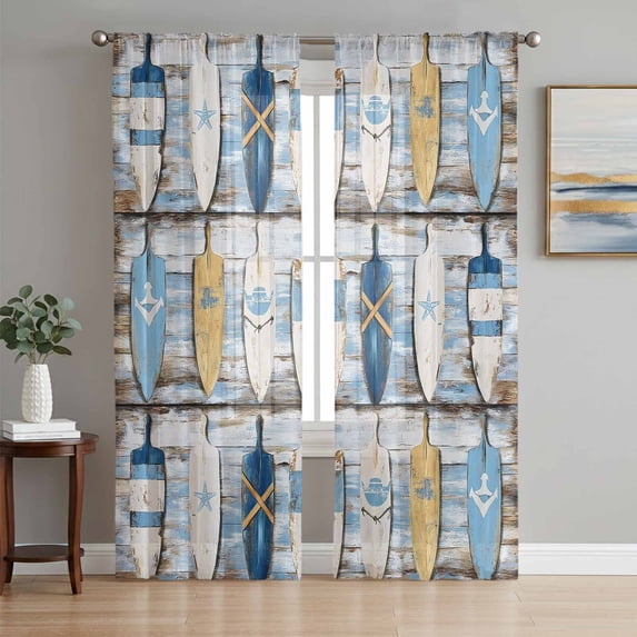 Blue Yellow Sailing Sheer Curtains 96 Inch Length 2 Panels Set, Coastal ...