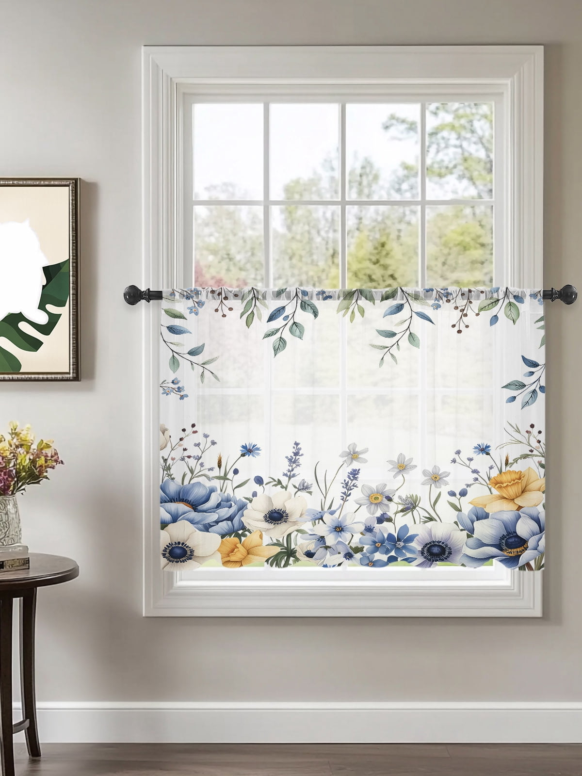Blue Yellow Sheer Curtains 54 Inch Long 1 Panel Flowers Eucalyptus ...