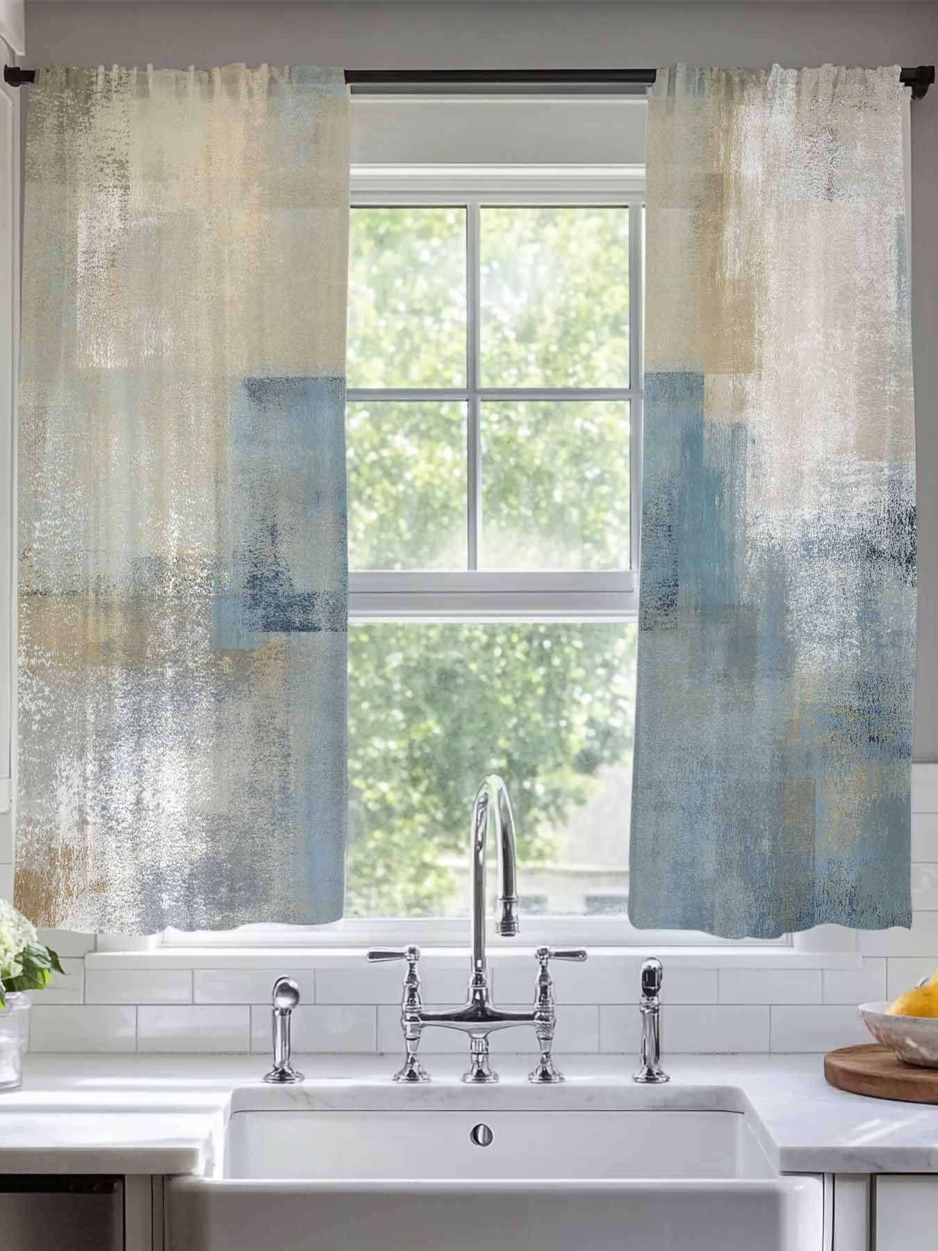 Blue Yellow Sheer Curtains 72 Inches Long 2 Panels Abstract Mottled ...