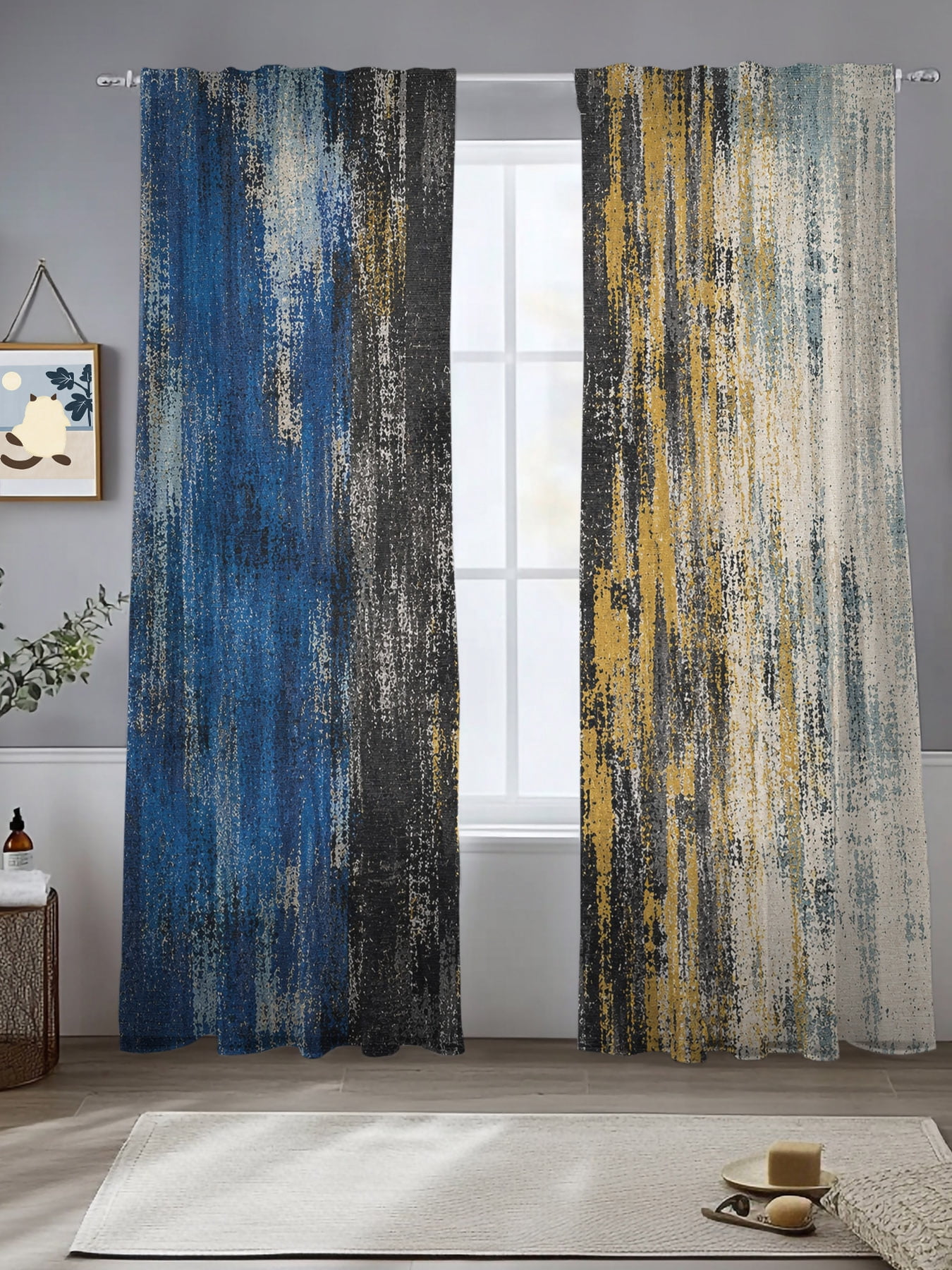 Blue Yellow Sheer Curtains 96 inches Long, Abstract Indigo Blue Yellow ...