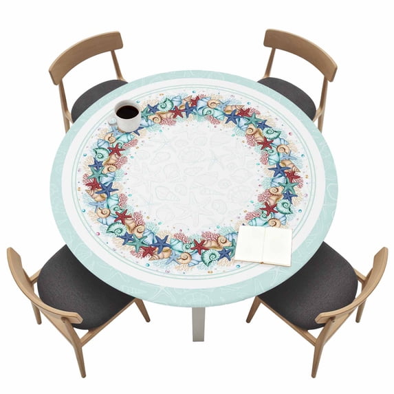 Blue Yellow Shells Round Fitted Tablecloth with Elastic Edge Summer ...