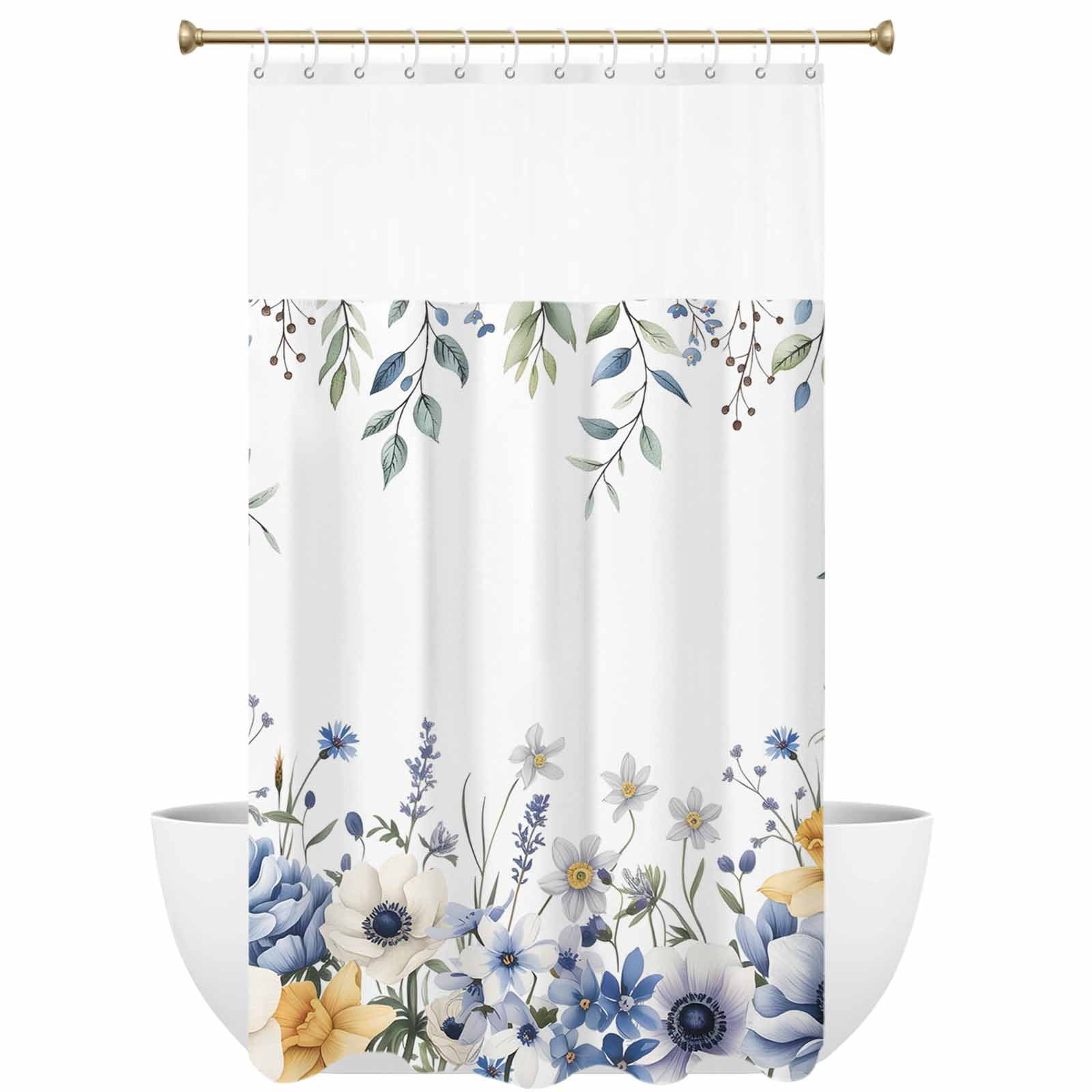 Blue Yellow Shower Curtain with See Through Top Window Flowers ...