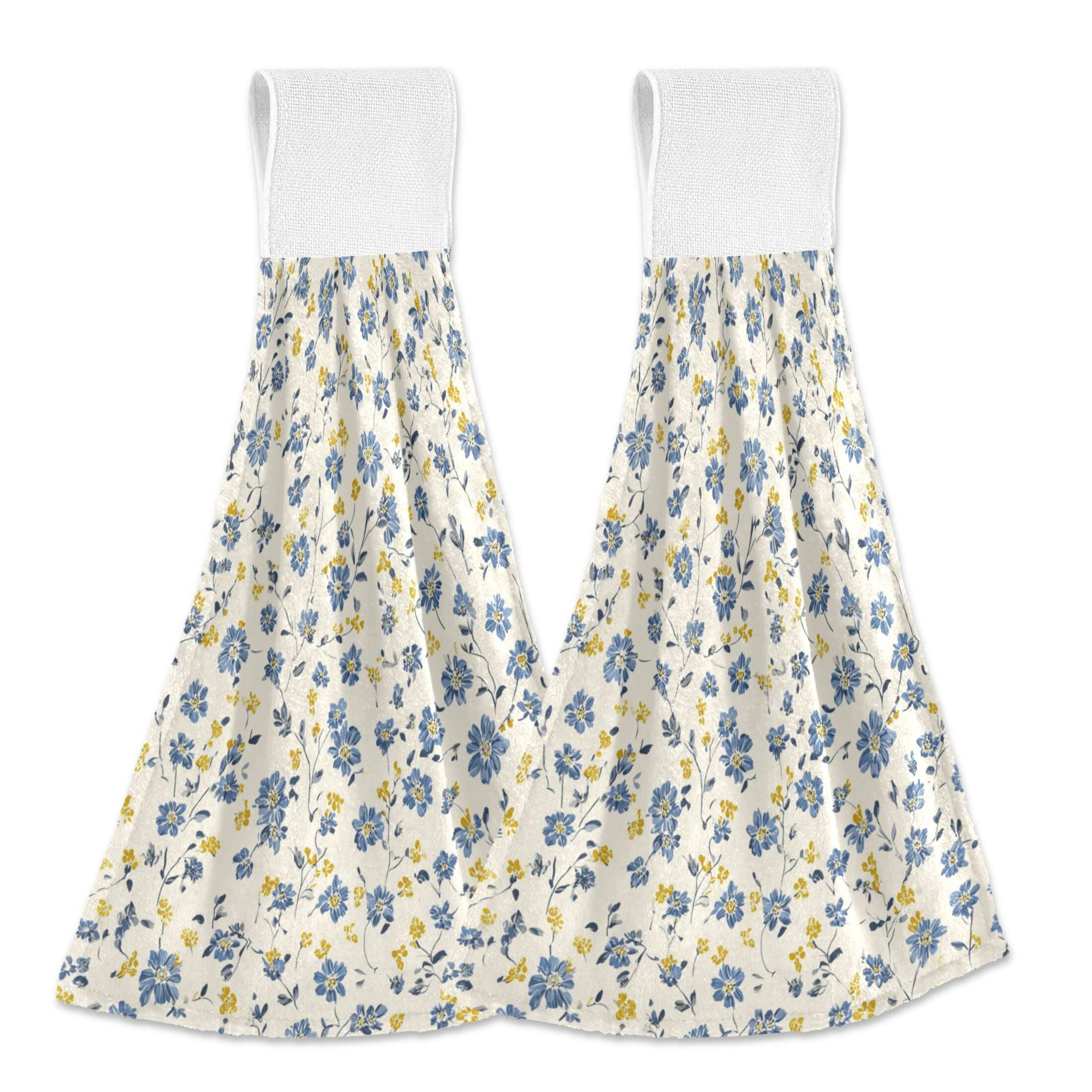 Blue Yellow Small Flowers Hanging Towels with Loop Hand Towels Nylon ...