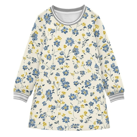 Blue Yellow Small Flowers Long-sleeved Dress A-line One-Piece Dress for ...