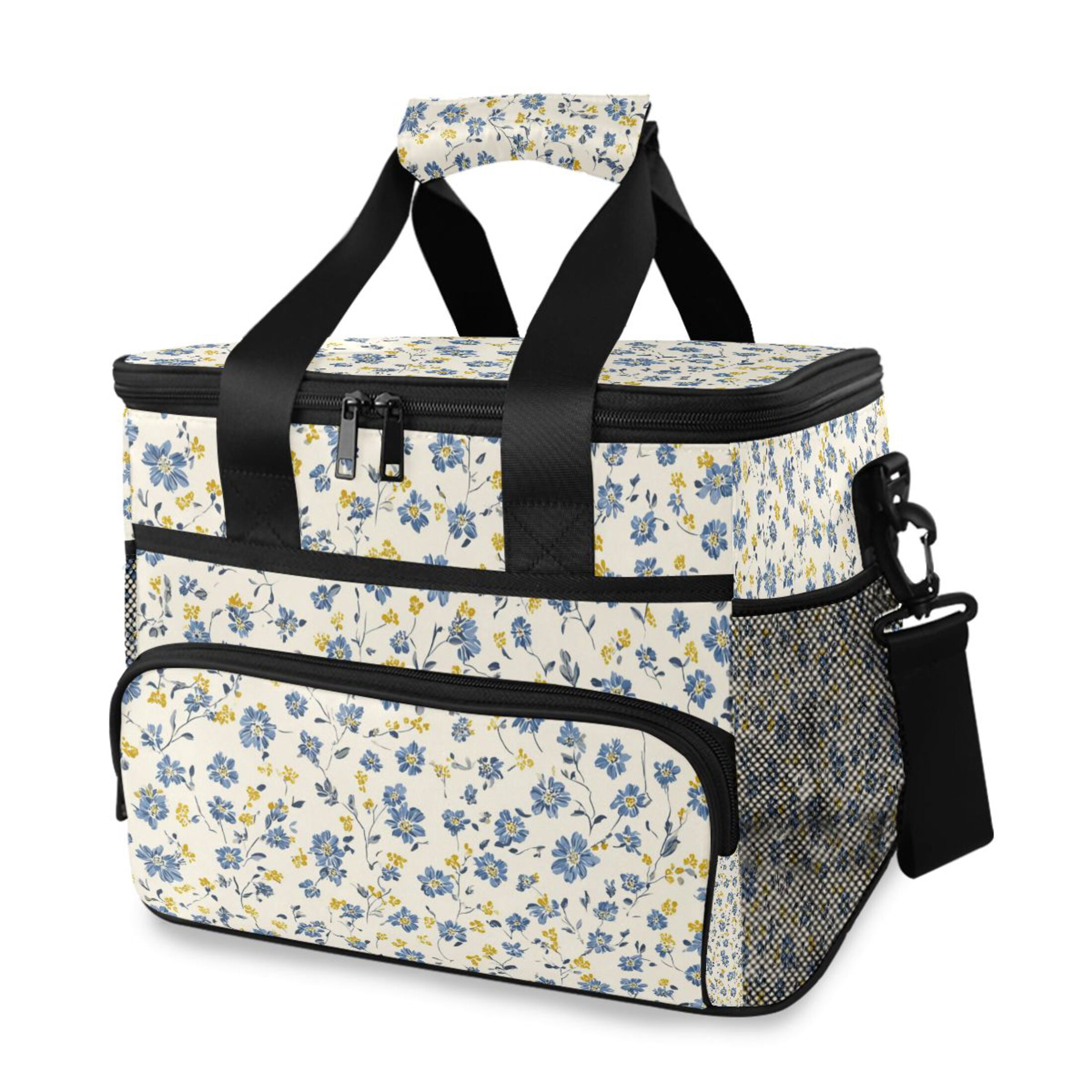 Blue Yellow Small Flowers Portable Cooler Lunch Box Reusable Insulated ...