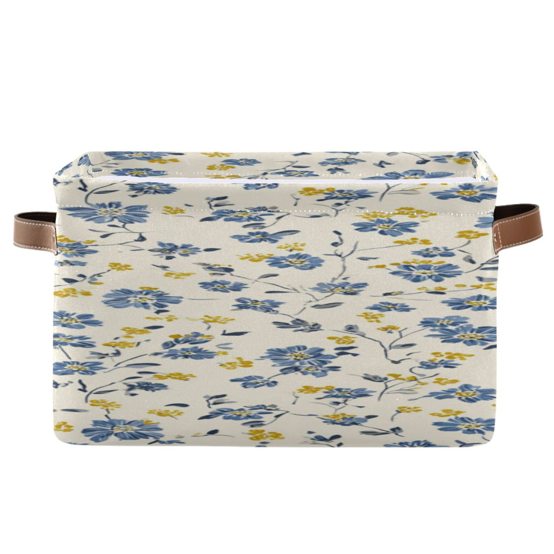 Blue Yellow Small Flowers Square Storage Bins with Handles Collapsible ...