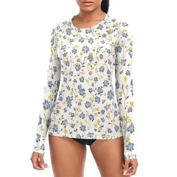 Blue Yellow Small Flowers Women's Rash Guard Shirts UPF 50+ Sun ...