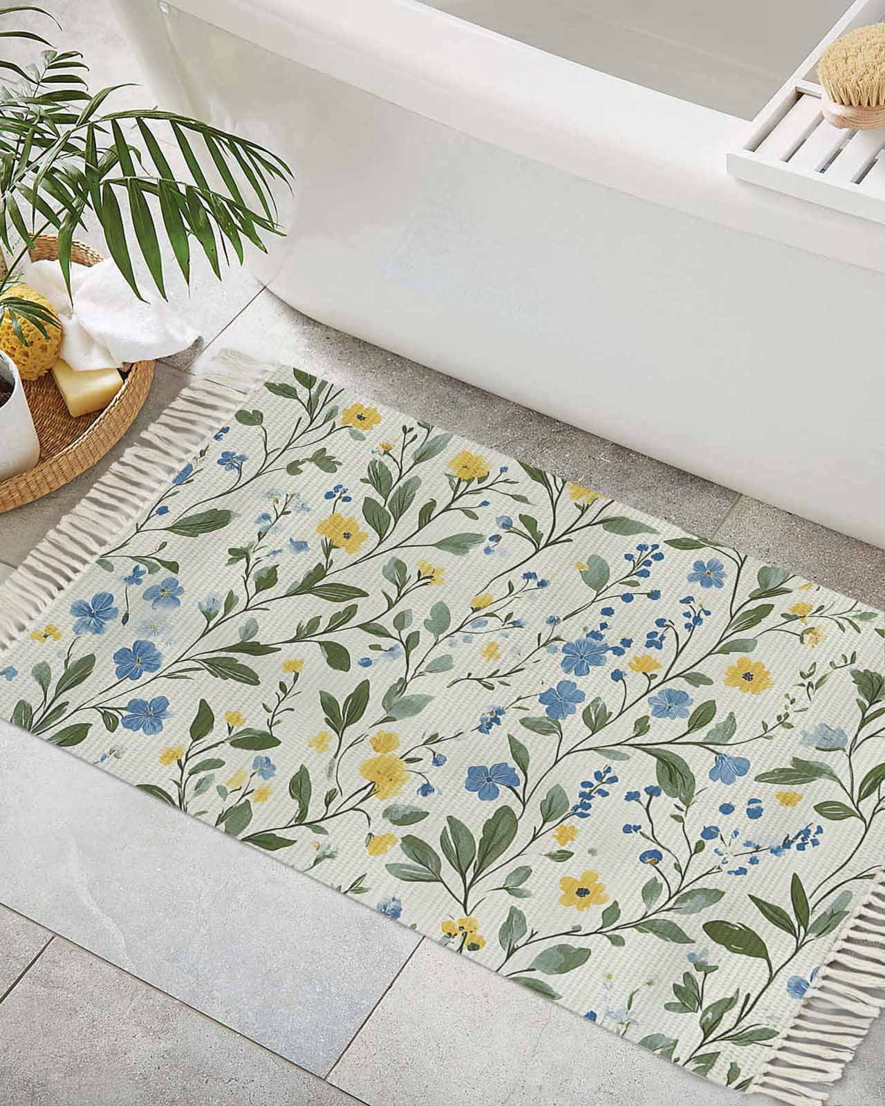 Blue Yellow Spring Floral Bath Rug 2x3ft Woven Bathroom Entryway Runner ...