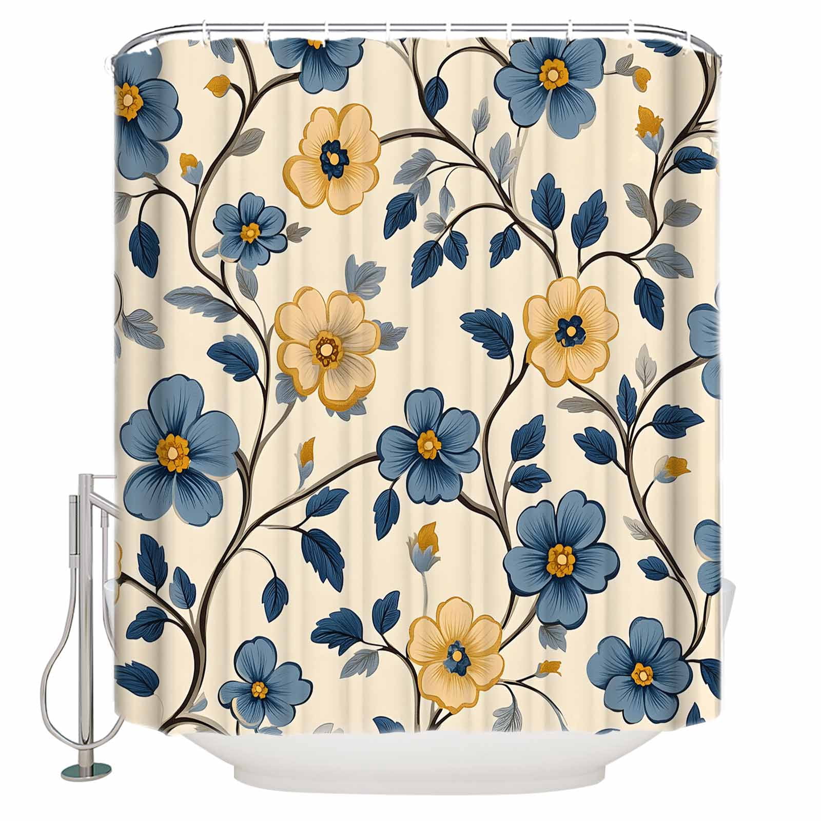 Blue Yellow Spring Floral Bathroom Shower Curtains with 12 Hooks ...
