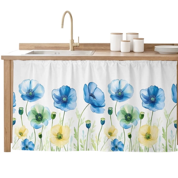 Blue Yellow Spring Floral Cabinet Curtains 32"W x 55"L,Dustproof Sink ...