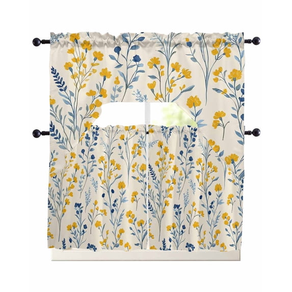 Blue Yellow Spring Floral Kitchen Curtain and Valance Set 3 Pieces,Rod ...