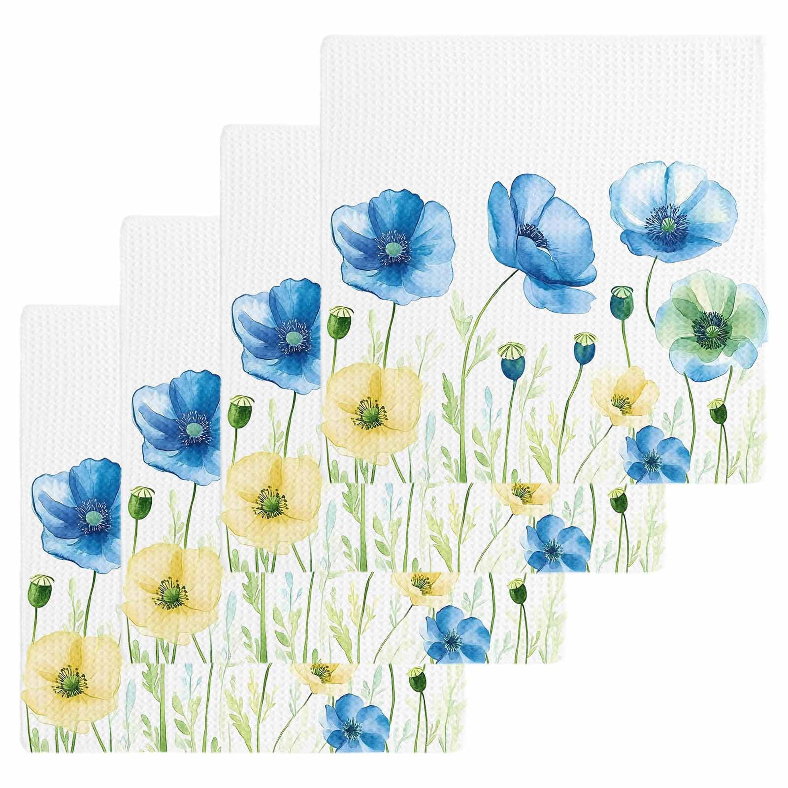 Blue Yellow Spring Floral Kitchen Dish Towels for Drying Dishes Set of ...