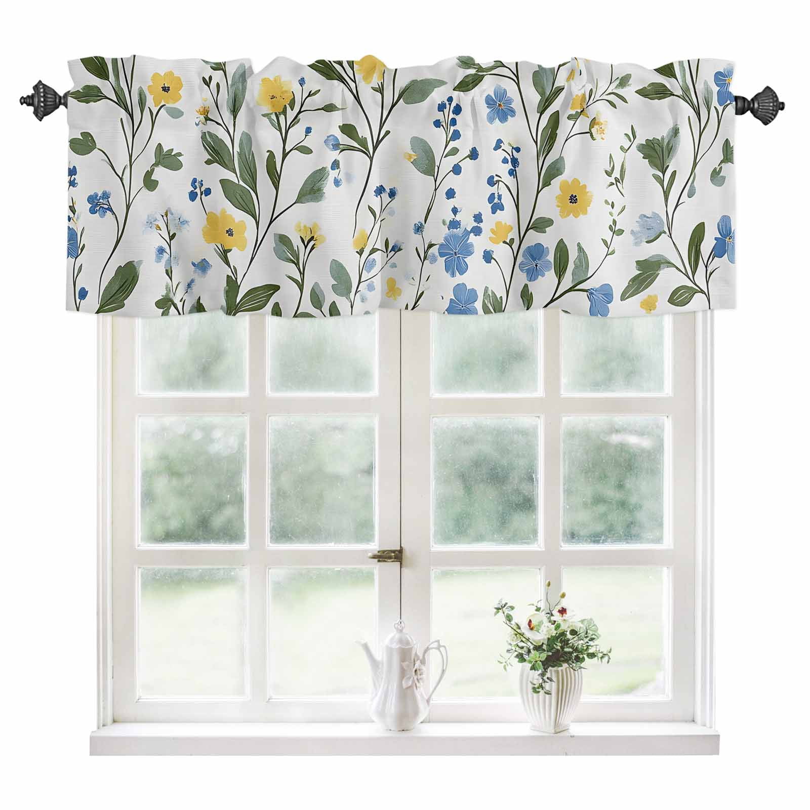 Blue Yellow Spring Floral Kitchen Valances for Windows 42x12 Inch ...